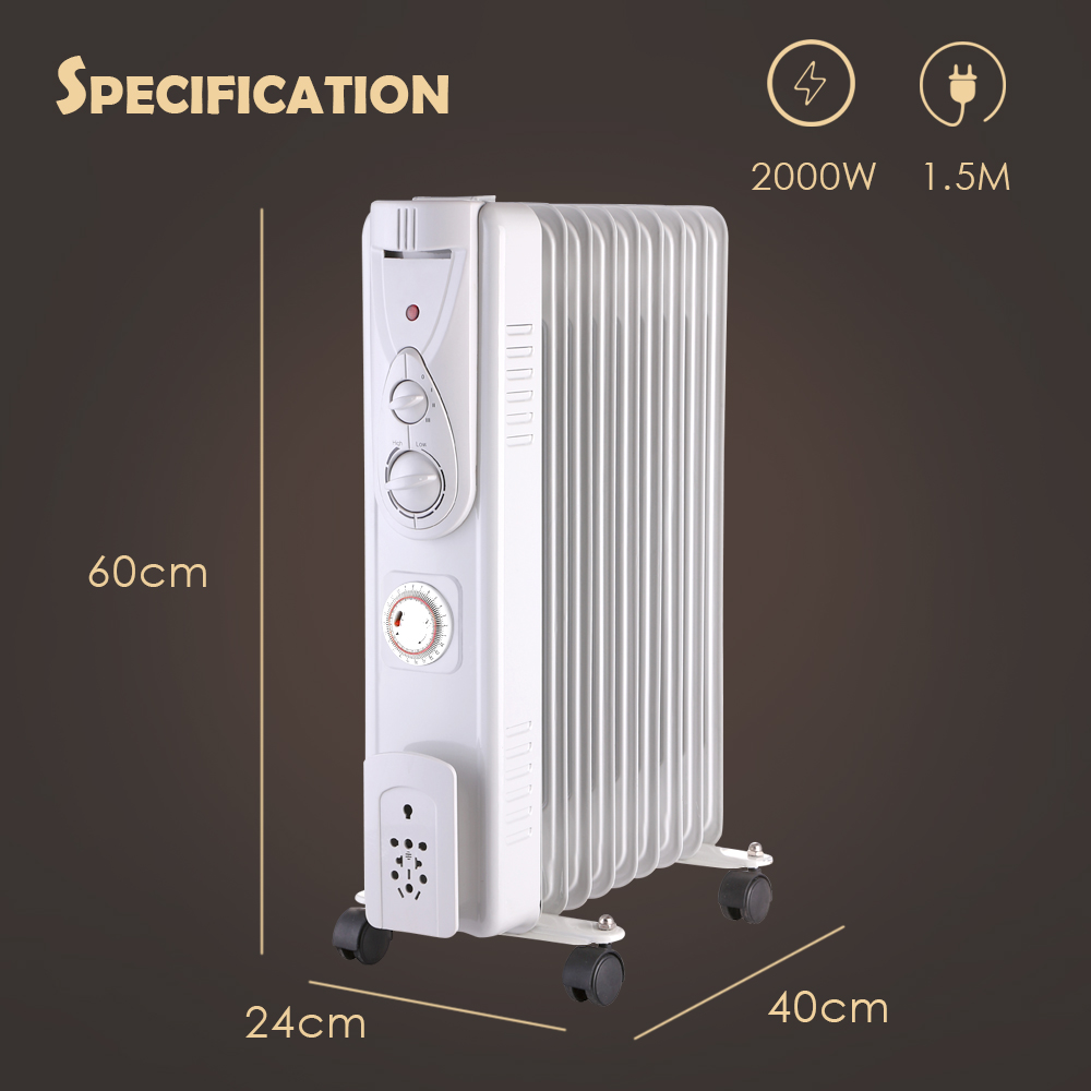 Portable 9 Fin 2000W Oil Filled Radiator Electric Heater With Timer ...