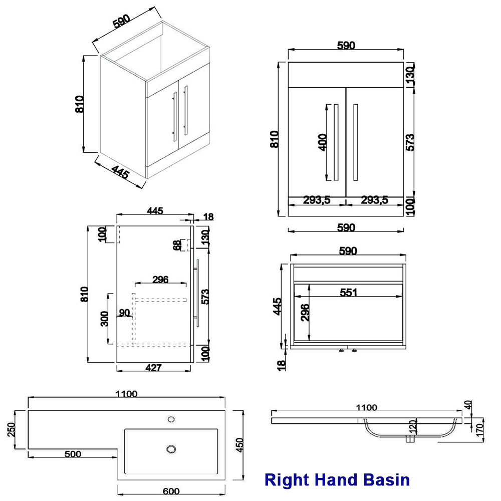 L-Shape Vanity Unit LH/RH Basin Sink Back to Wall Toilet Bathroom Tall ...
