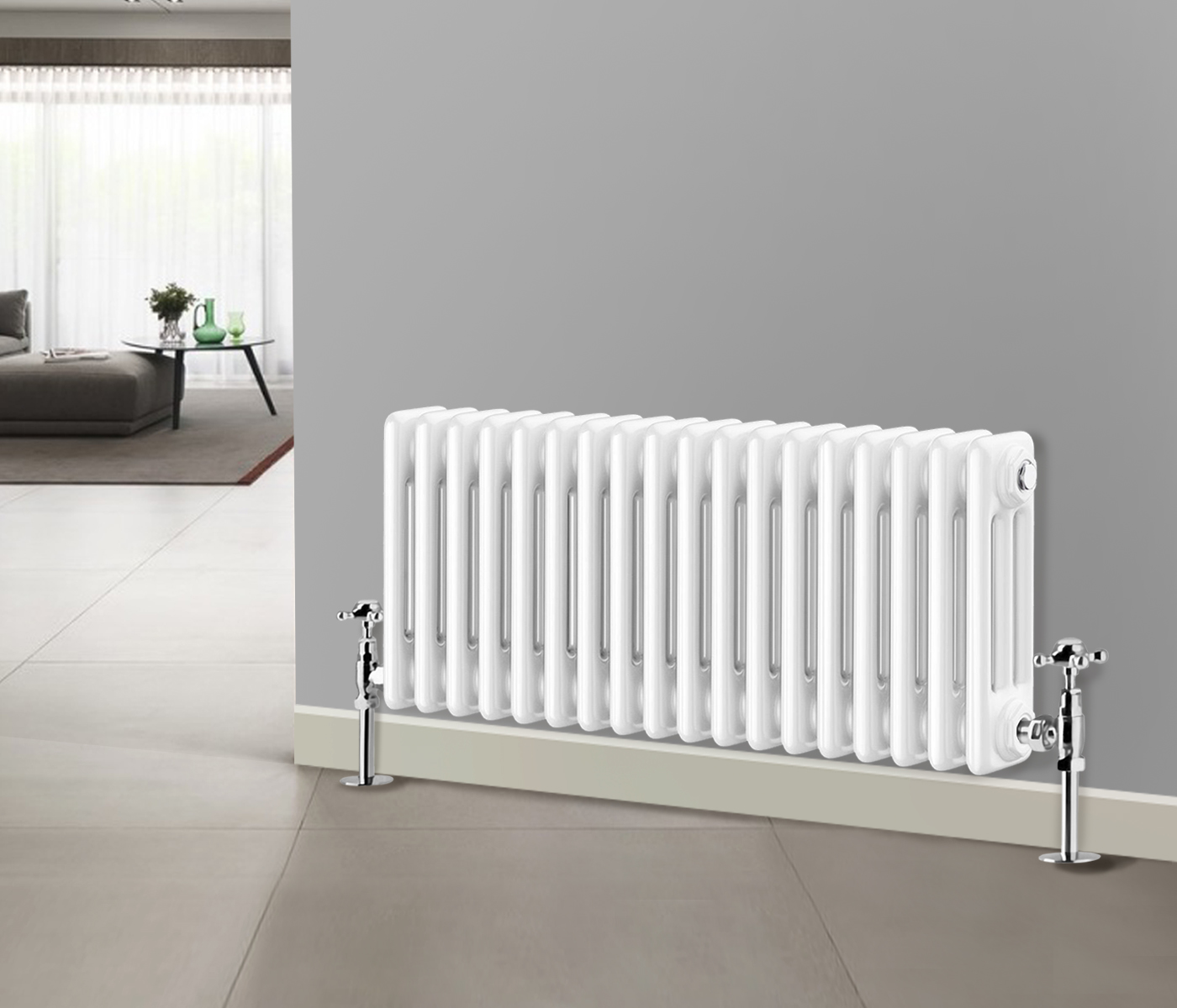 300mm Horizontal Designer White Traditional Radiator 3 Column Cast Iron ...