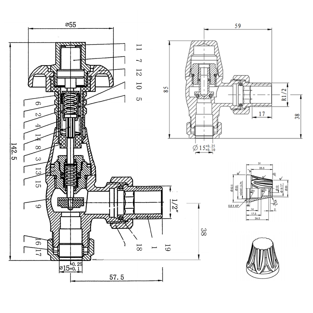 Traditional Thermostatic TRV Antique Design Angled Radiator Rad Valves ...