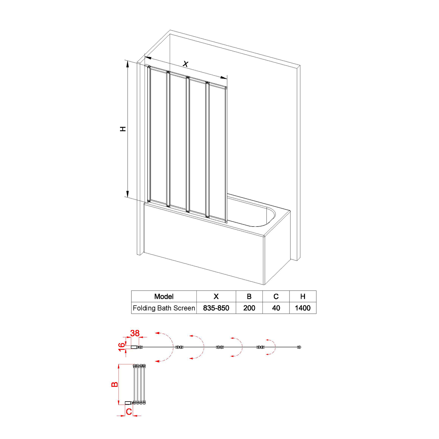 Pivot 4 Folding L Shape Hinged Bath Shower Screen P Shaped Glass Return ...